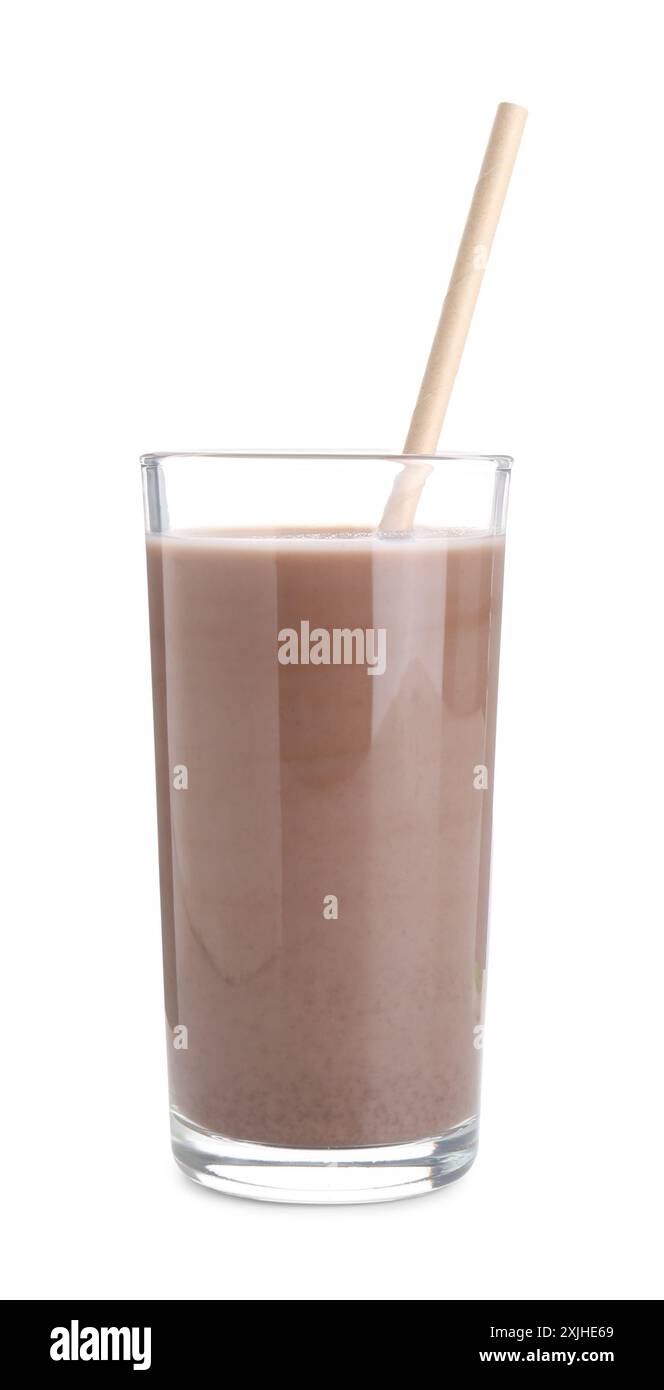 Delicious protein shake in glass and straw isolated on white Stock ...