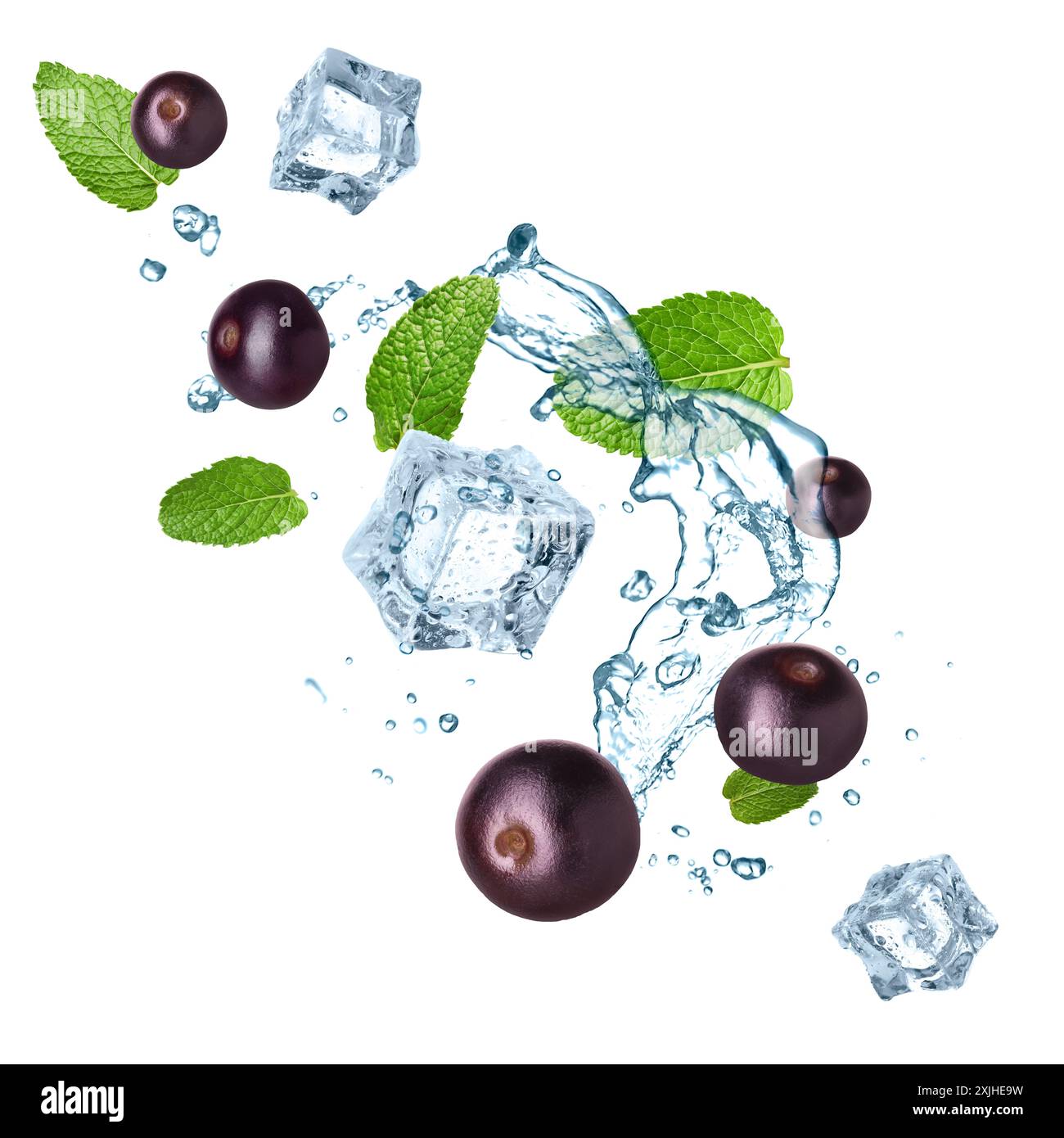 Acai berries, mint leaves, ice cubes and splash of water in air on ...