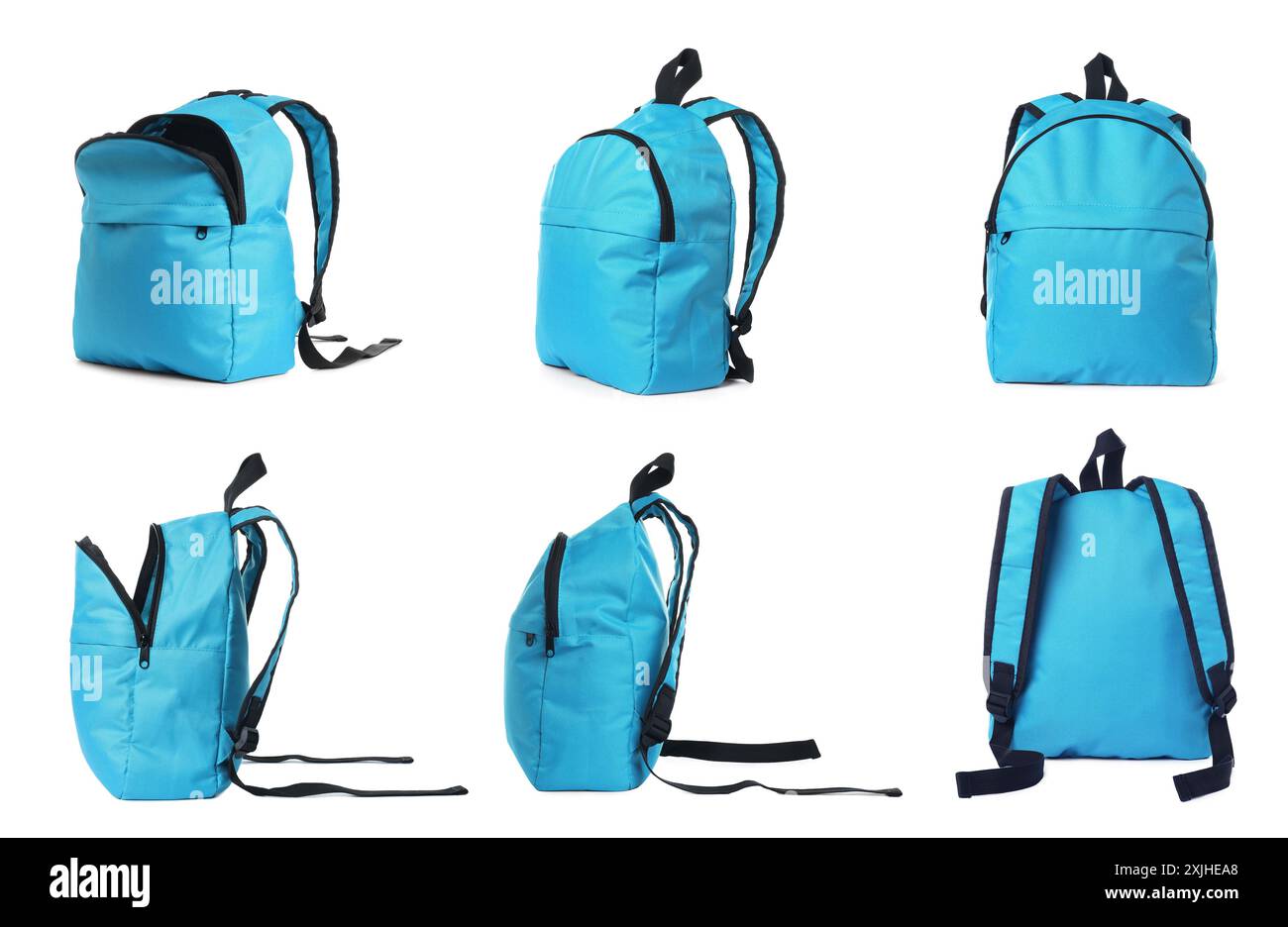 Light blue backpack isolated on white, view from different sides Stock ...