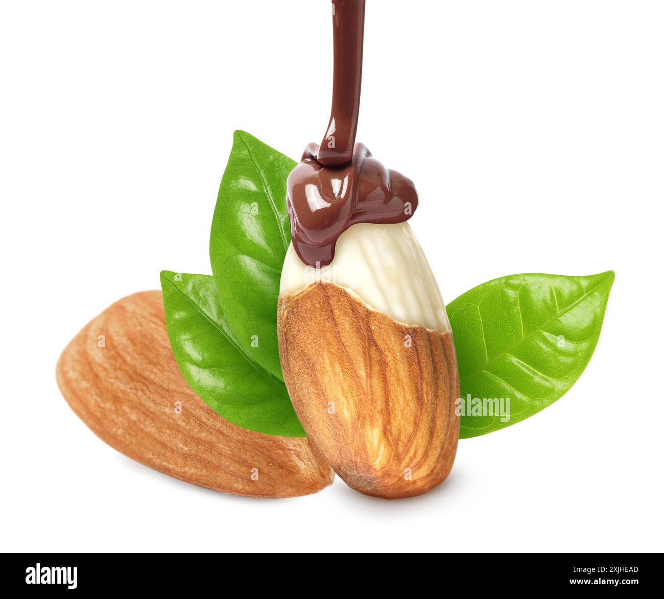 Pouring sweet chocolate onto almonds against white background Stock ...