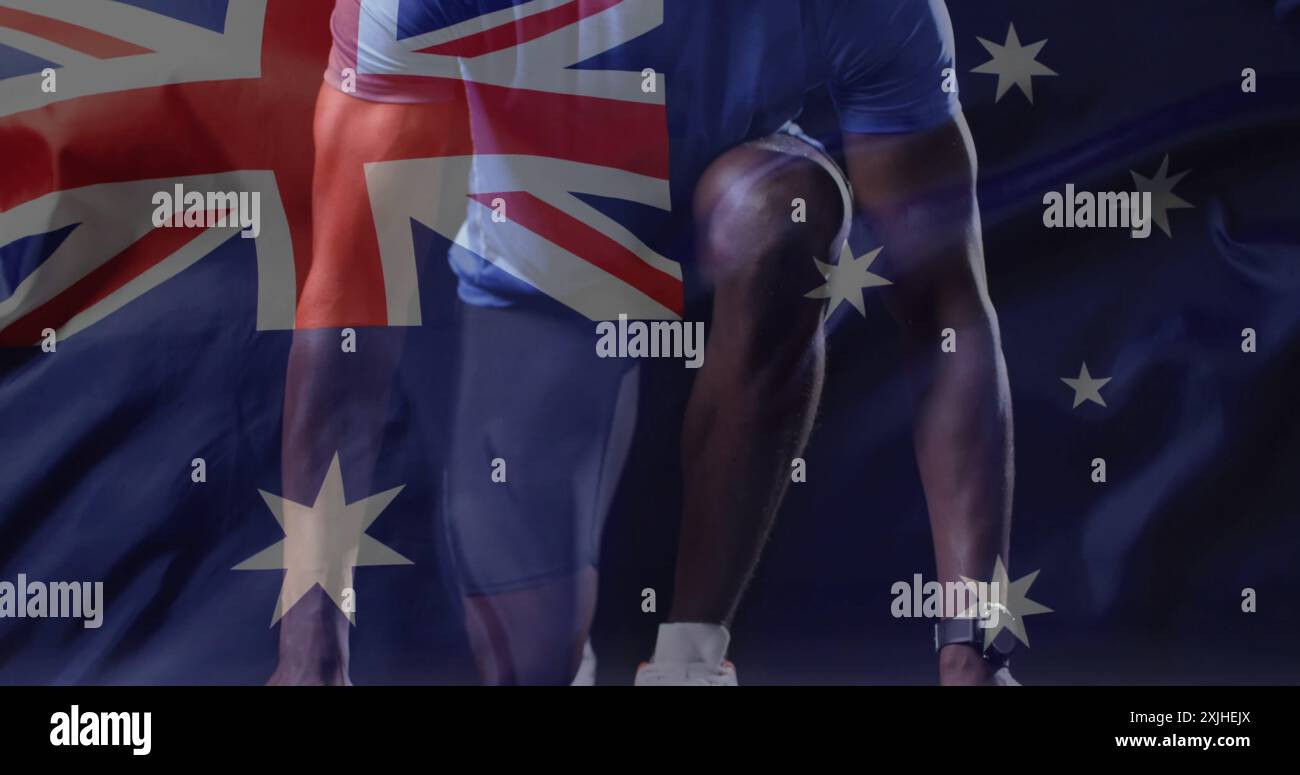 Image of flag of australia over african american male athlete. Global ...