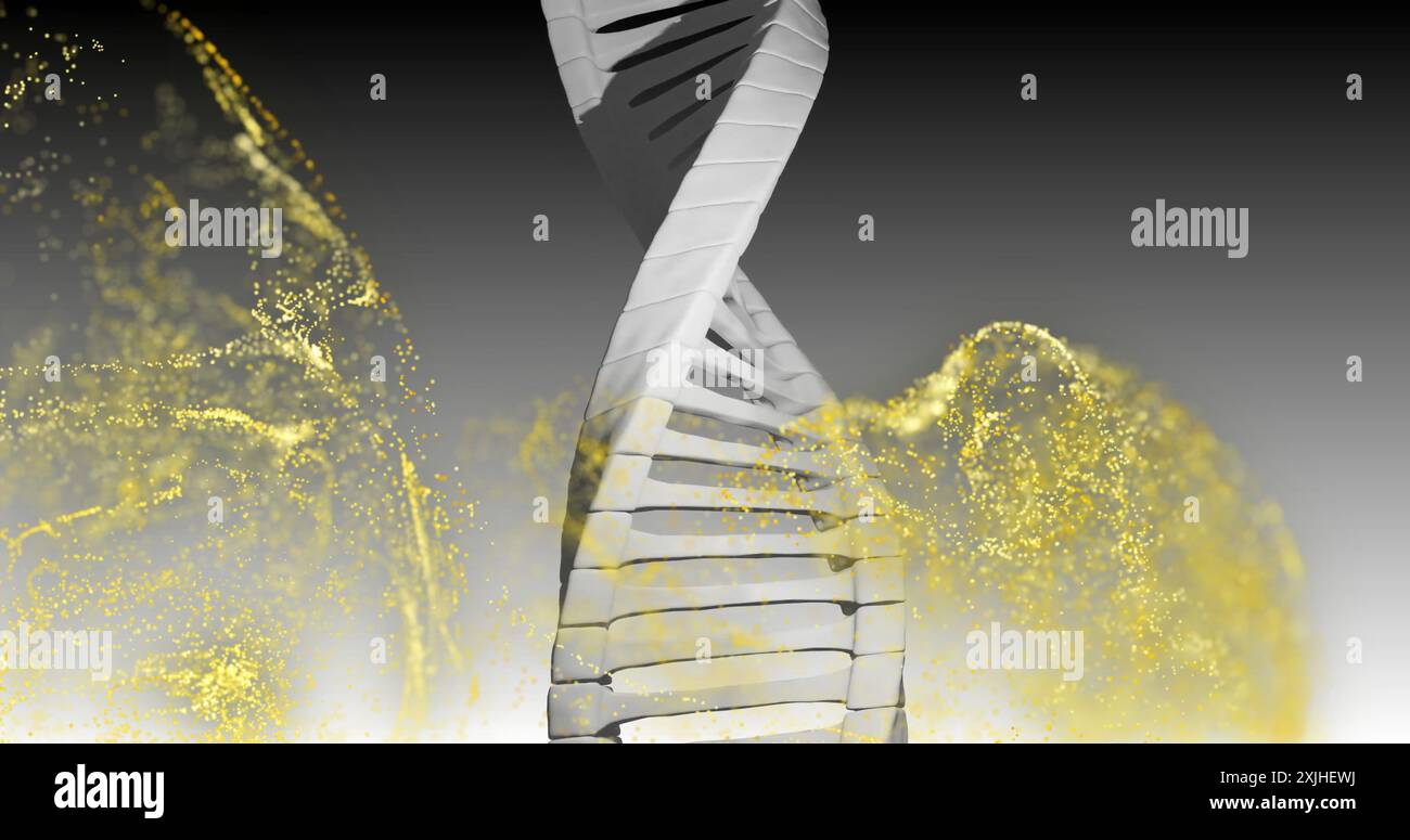 DNA strand with yellow particles, scientific data processing image ...