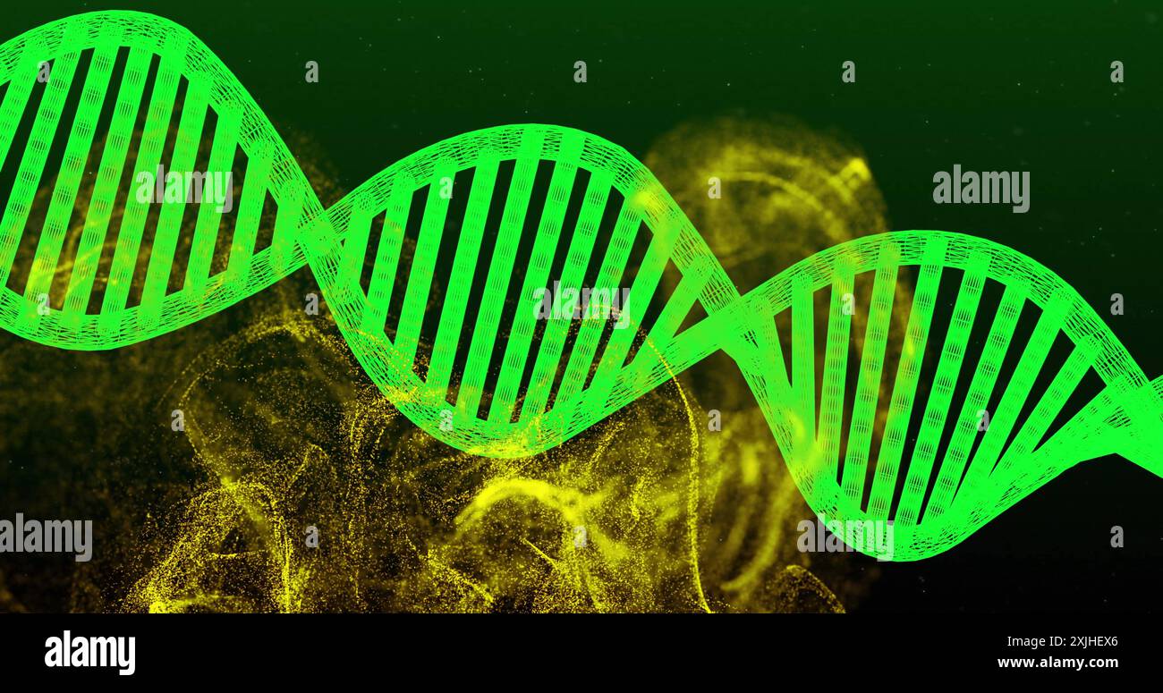 DNA strand and molecular structure image over green and yellow ...