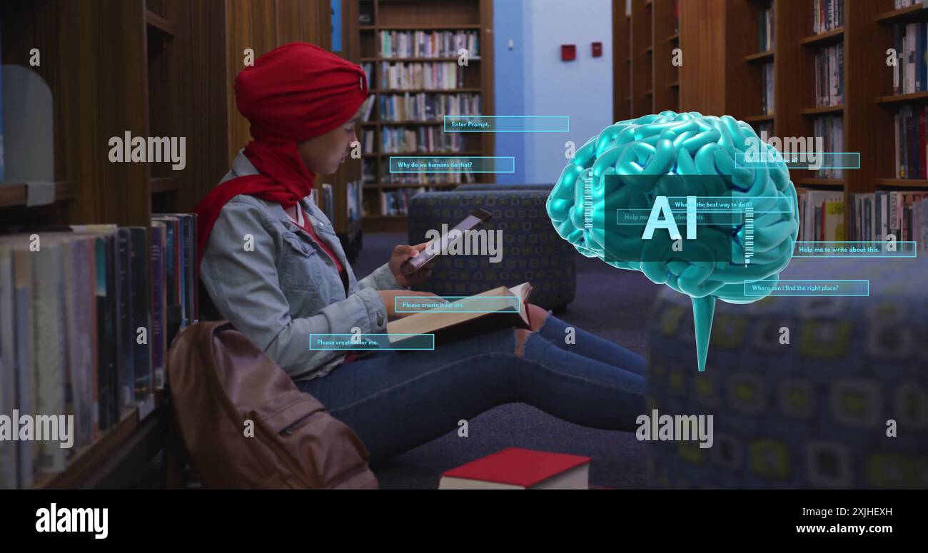 Image of ai text, brain and data over biracial female student in hijab ...