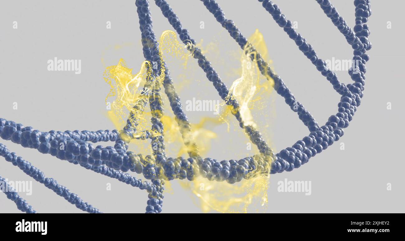 DNA strands with yellow particles, scientific data processing image ...