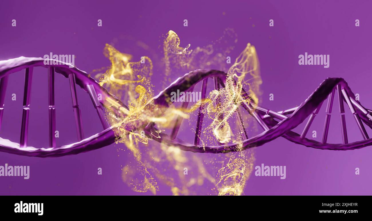 DNA strand with glowing particles image on purple background Stock ...
