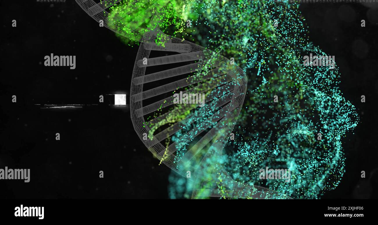 DNA strand with green and blue particles, scientific data processing ...