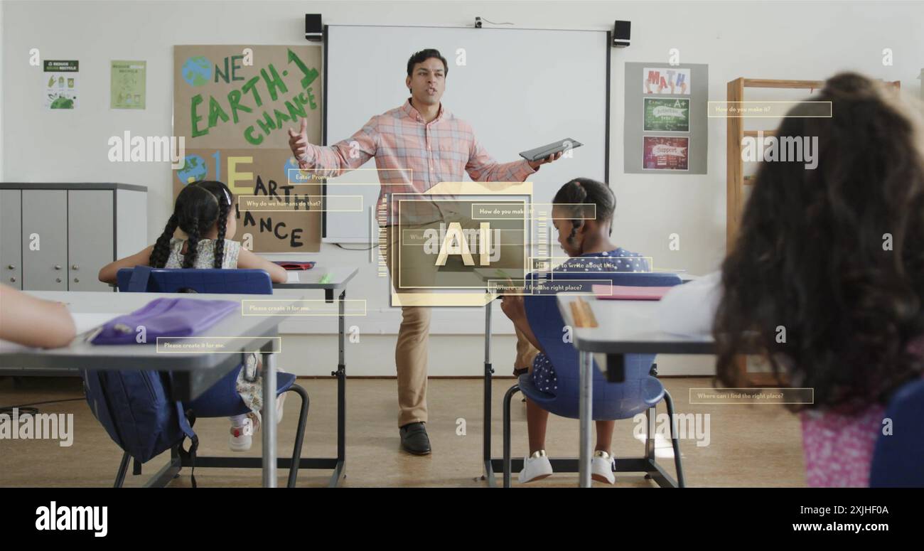 Image of ai text and data over diverse schoolchildren and male teacher ...
