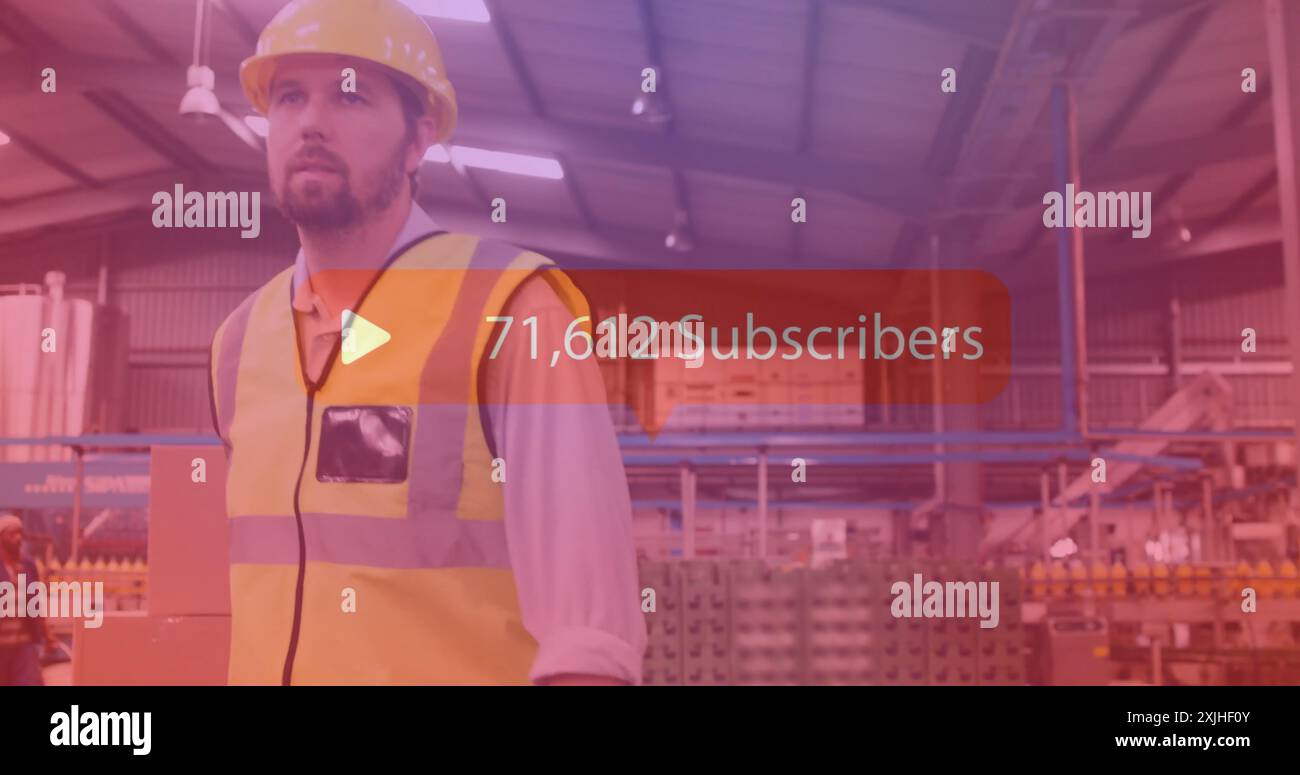 Factory worker in safety vest and helmet with subscriber count image ...