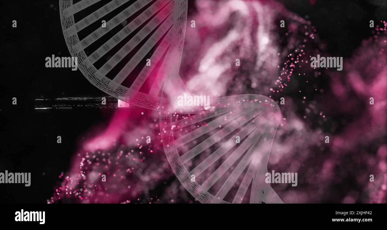 DNA strand and particles image over pink and black background. Genetics ...