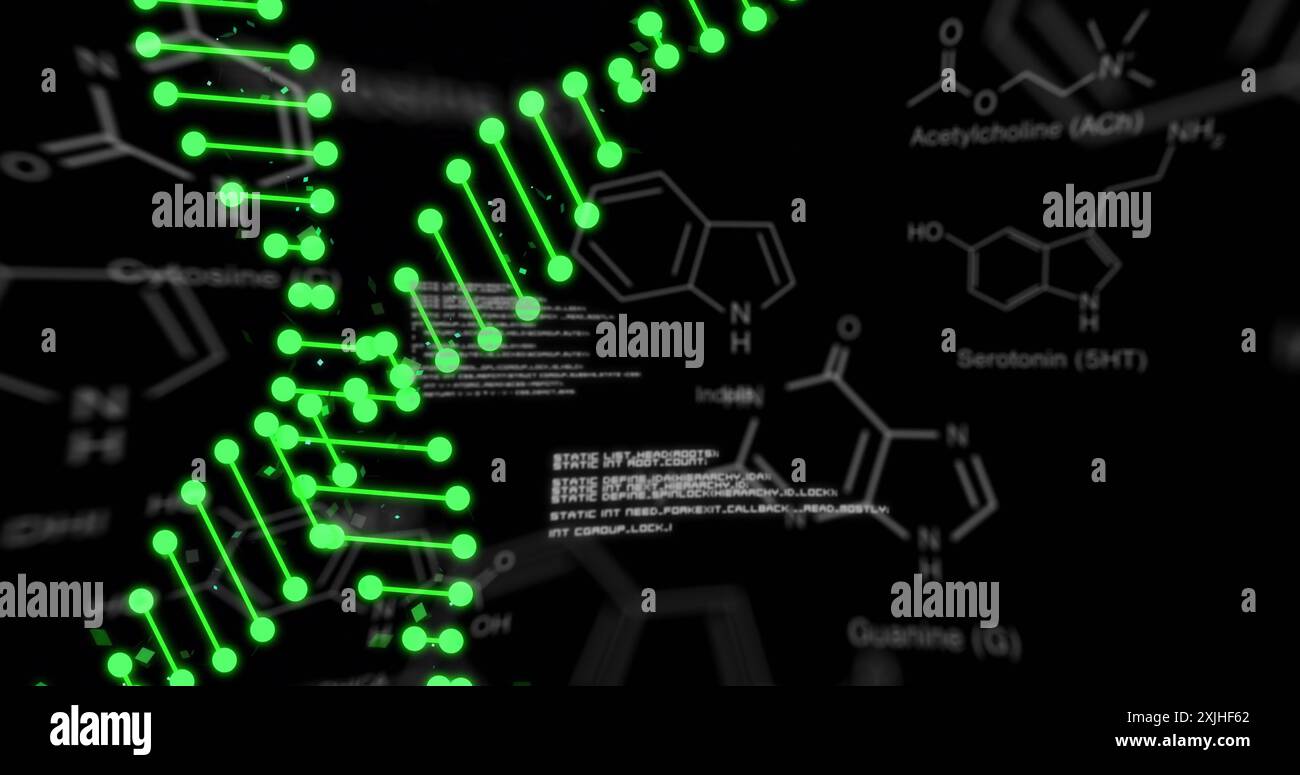 Image of dna strands over data processing and chemical formula on black ...