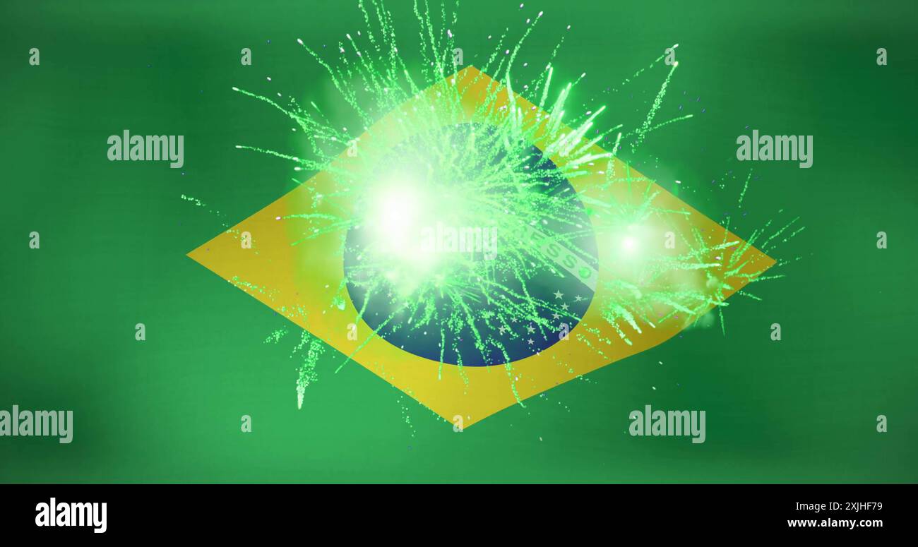 Image of fireworks exploding over flag of brazil Stock Photo - Alamy