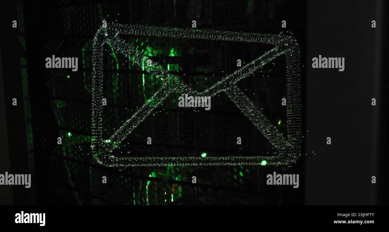 Image of shapes and envelope over server room. Global business ...