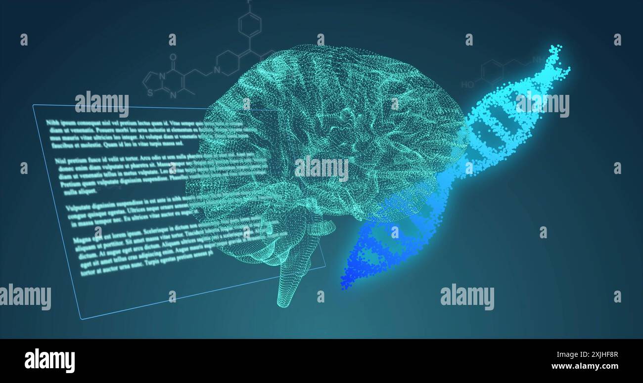 Image of dna strand and brain over data processing and chemical formula ...