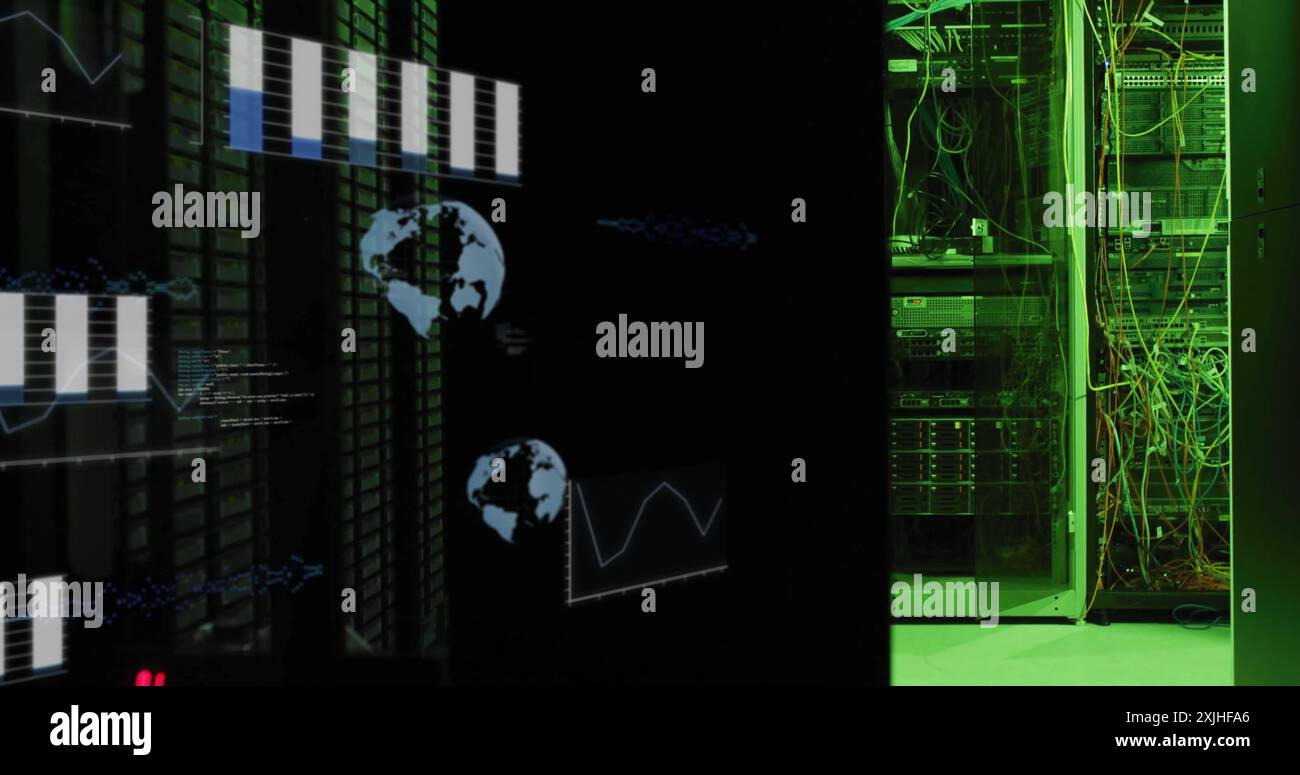 Image of data processing and diagrams with globes over server room ...