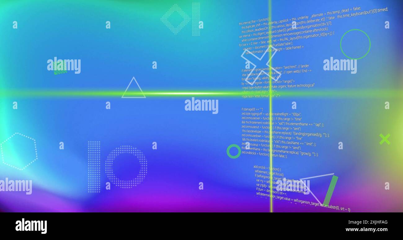Image of white shapes and green scanner beams over data processing on ...