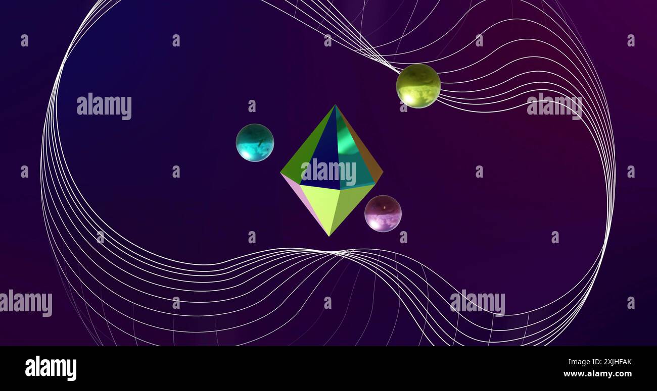 Image of network lines over metallic 3d spheres and diamond rotating on ...