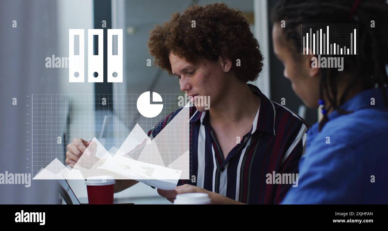 Image of media icons processing over diverse male colleagues talking at ...