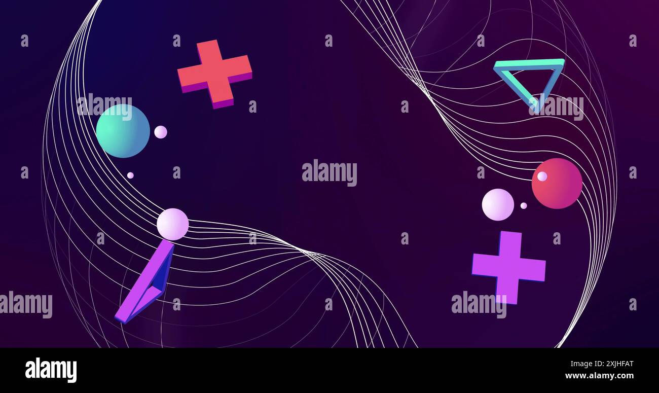 Image of 3d red, green, white and purple shapes over white network lines on dark background ...