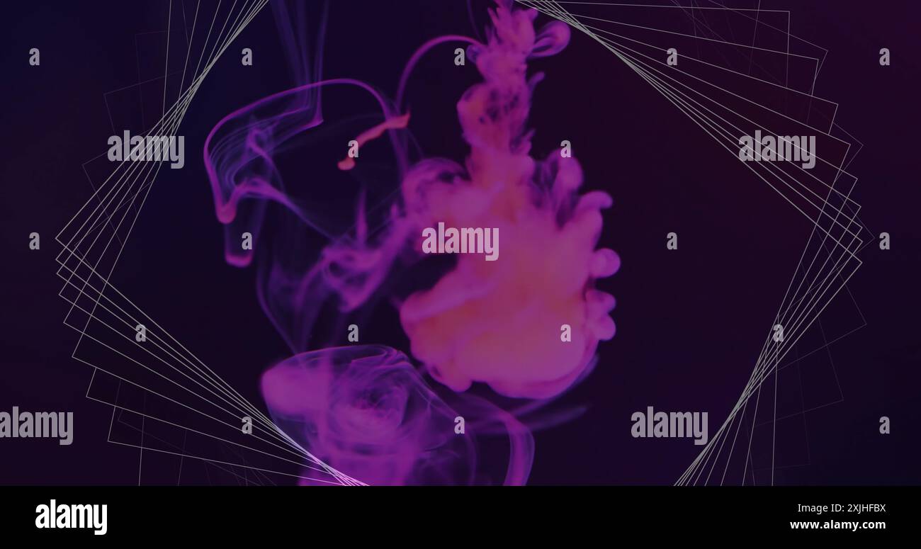 Image of white 3d network structure over purple smoke moving on black background. Abstract ...