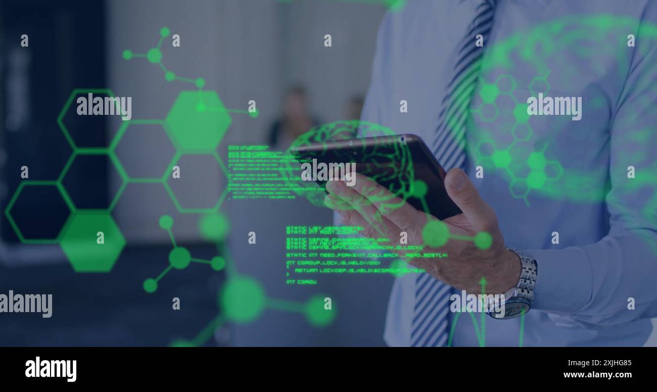 Image of human brains and digital data processing over caucasian man ...