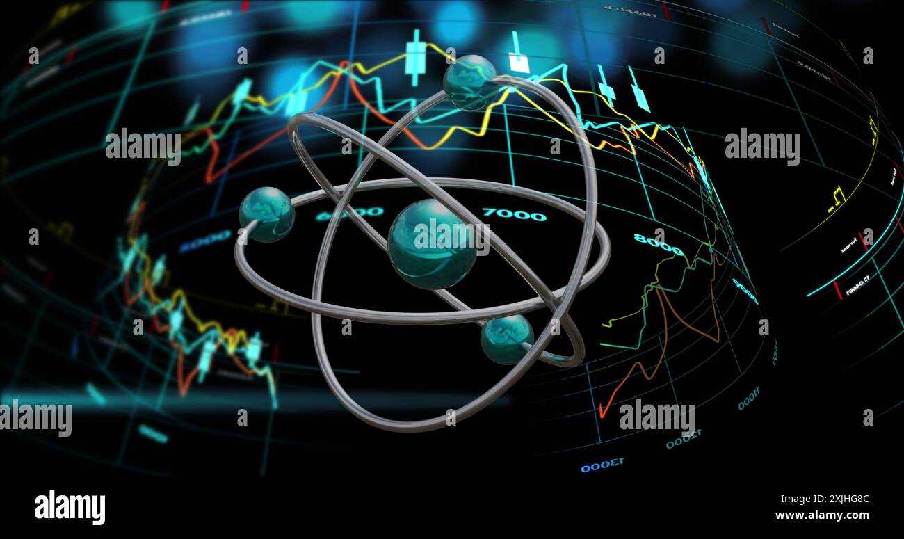 Image of atom spinning and digital data processing over black background Stock Photo - Alamy
