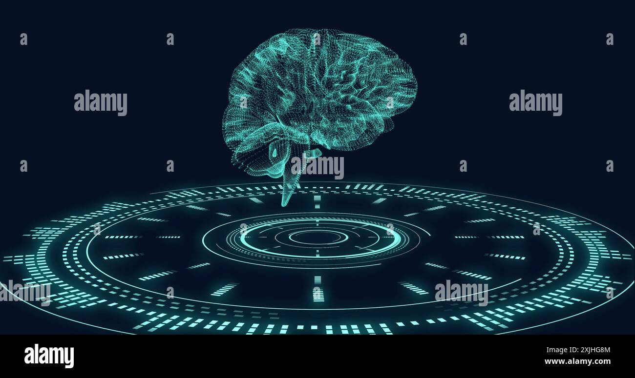 Image of human brain and digital data processing over black background ...