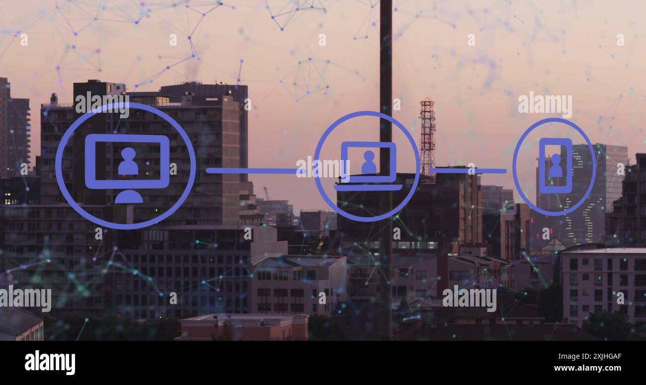 Image of media icon network over large communication networks and ...