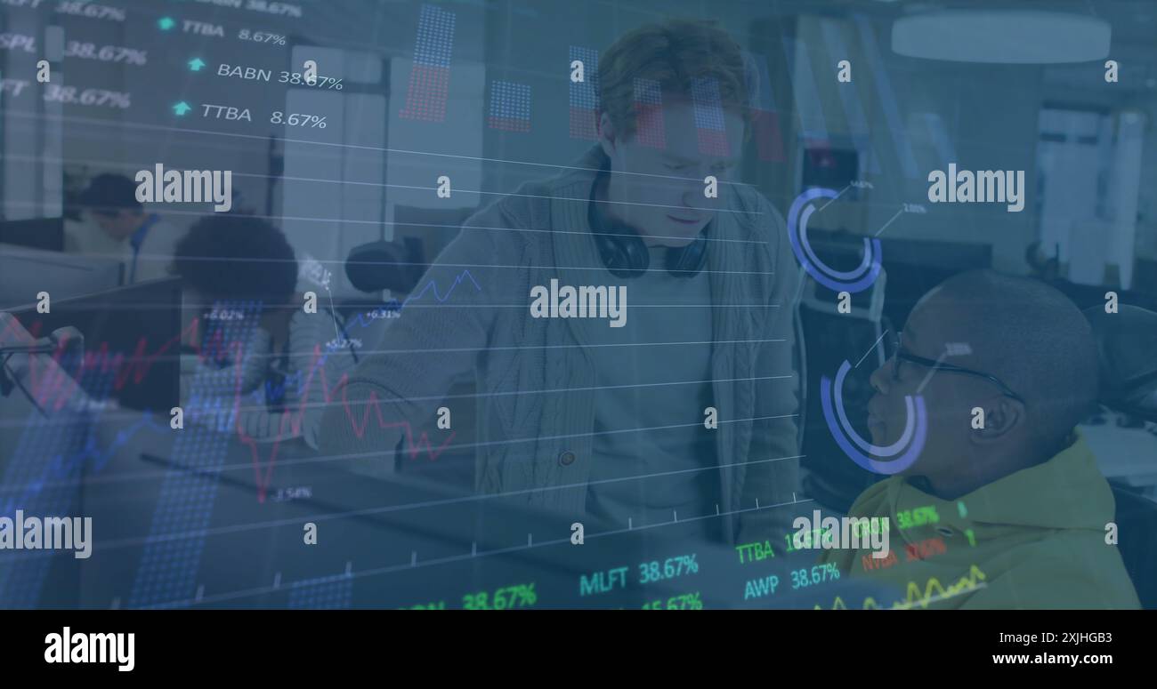 Image of charts and data processing over diverse male colleagues ...