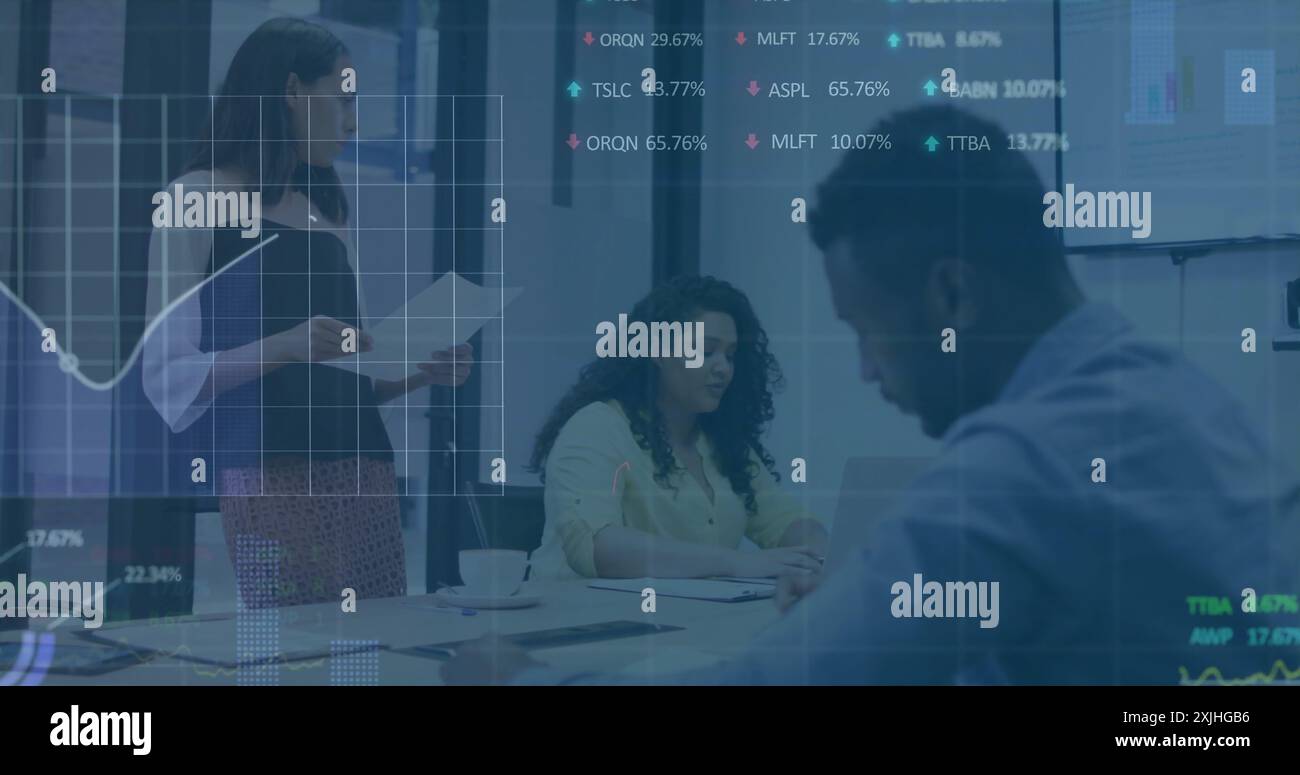 Image Of Charts And Data Processing Over Diverse Colleagues Talking At