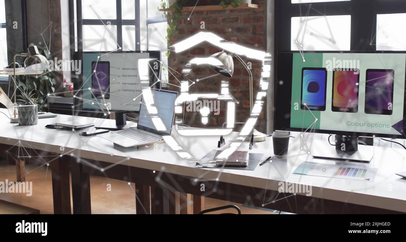 Image of padlock, connections and data processing over computers on desks in office Stock Photo ...