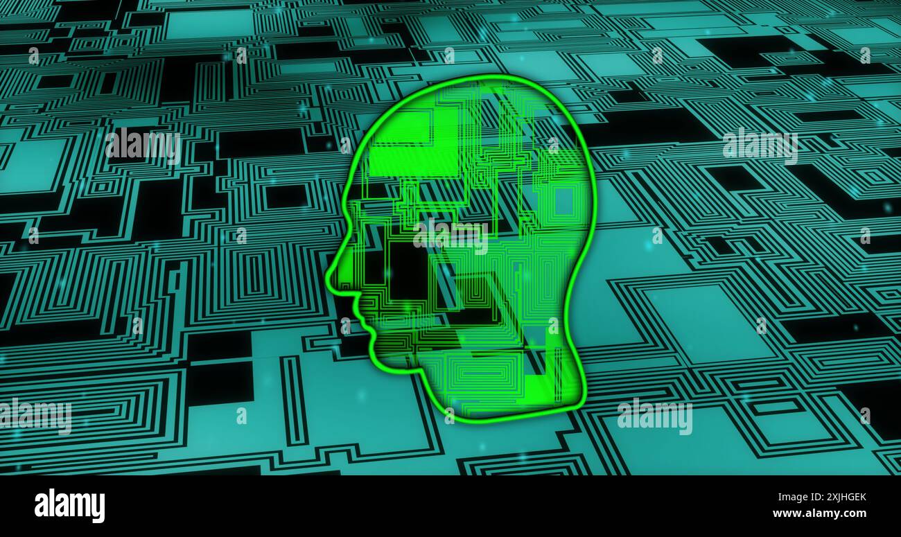 Image of head and data processing over circuit board. Global artificial ...