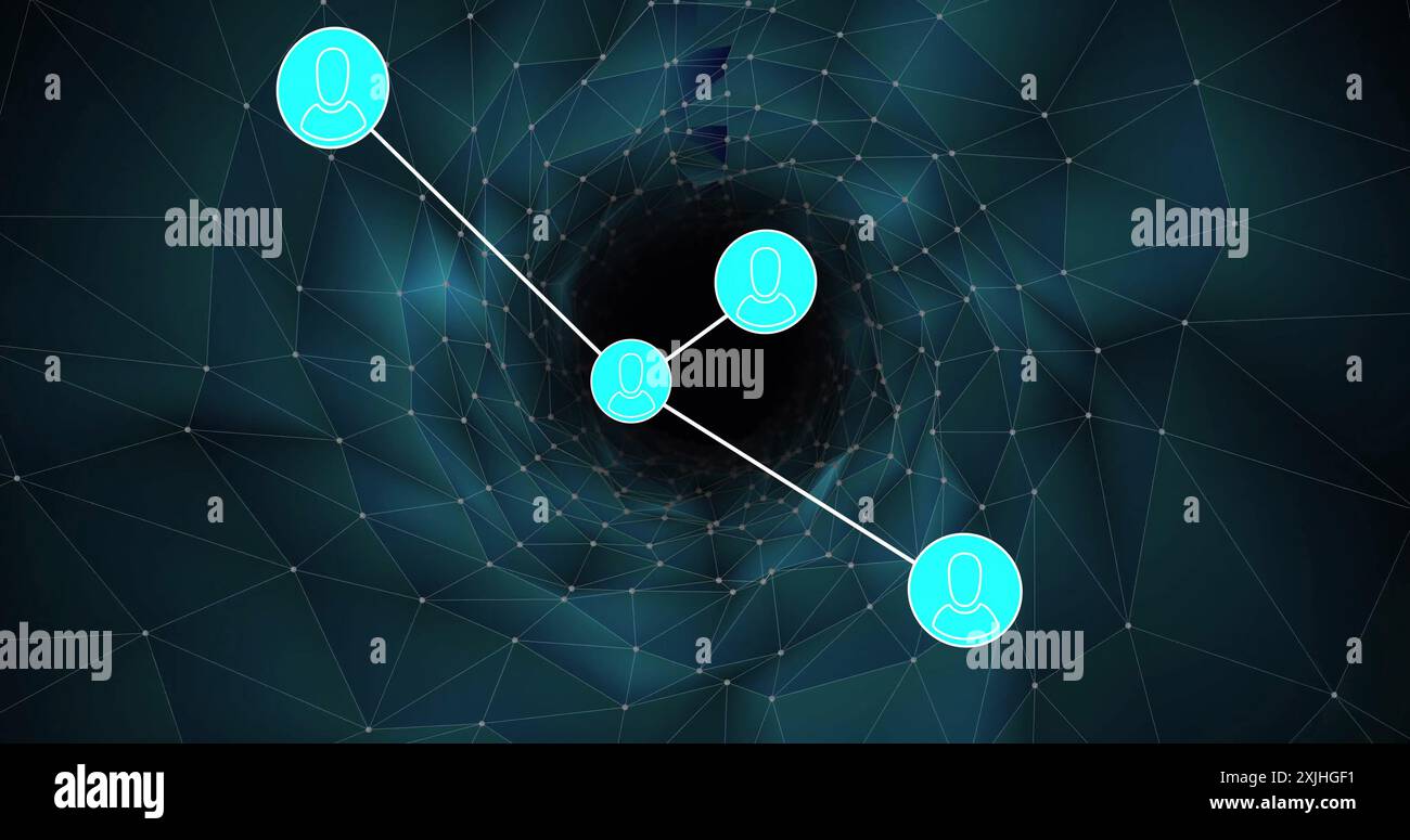 Image of network of connections with icons over tunnel on black ...