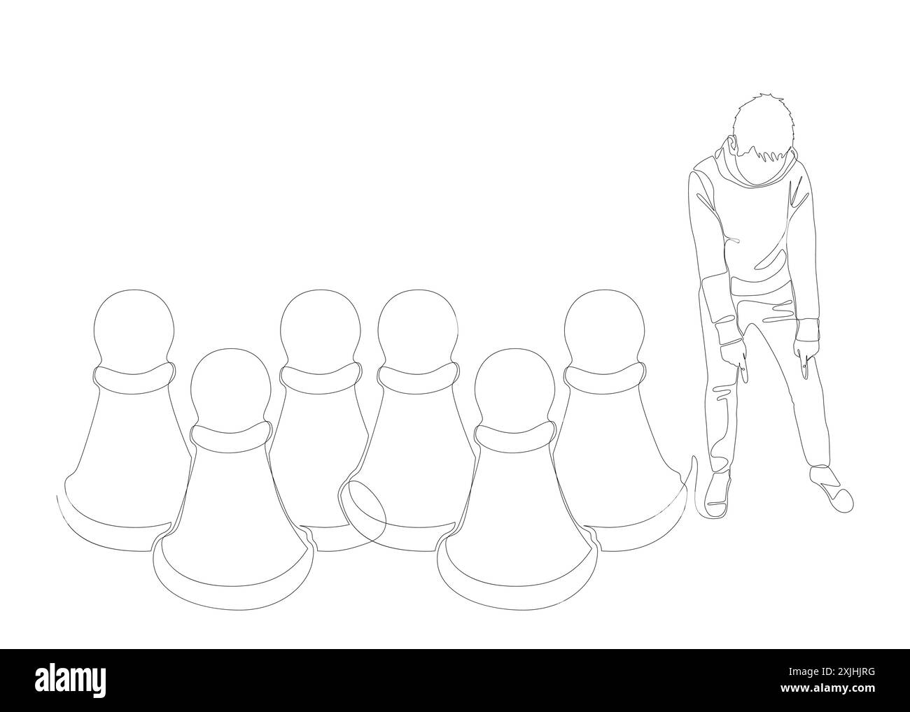 One continuous line of Man pointing with finger at pawn, chess piece ...
