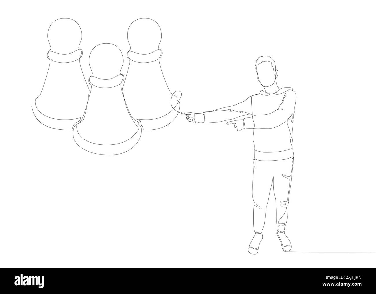 One continuous line of Man pointing with finger at pawn, chess piece ...