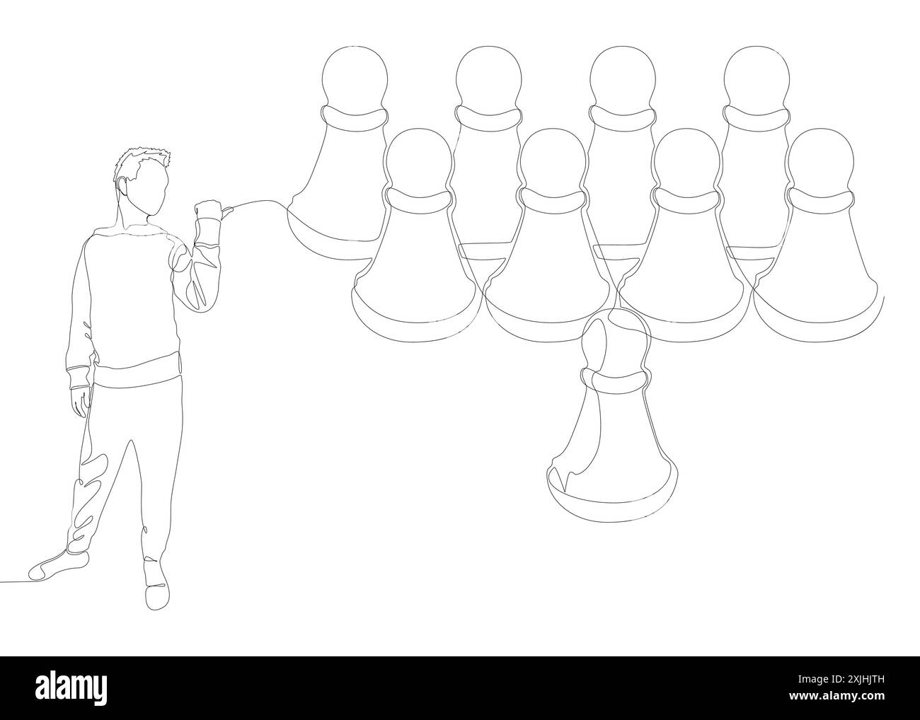 One continuous line of Man pointing with finger at pawn, chess piece ...