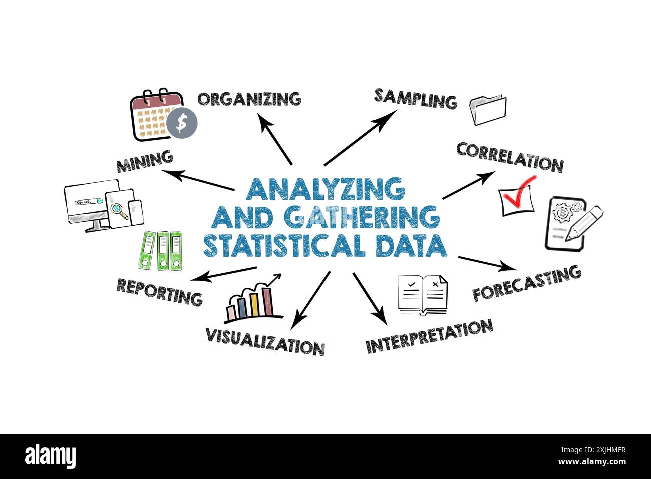 Analyzing and gathering statistical data. Illustration with icons ...