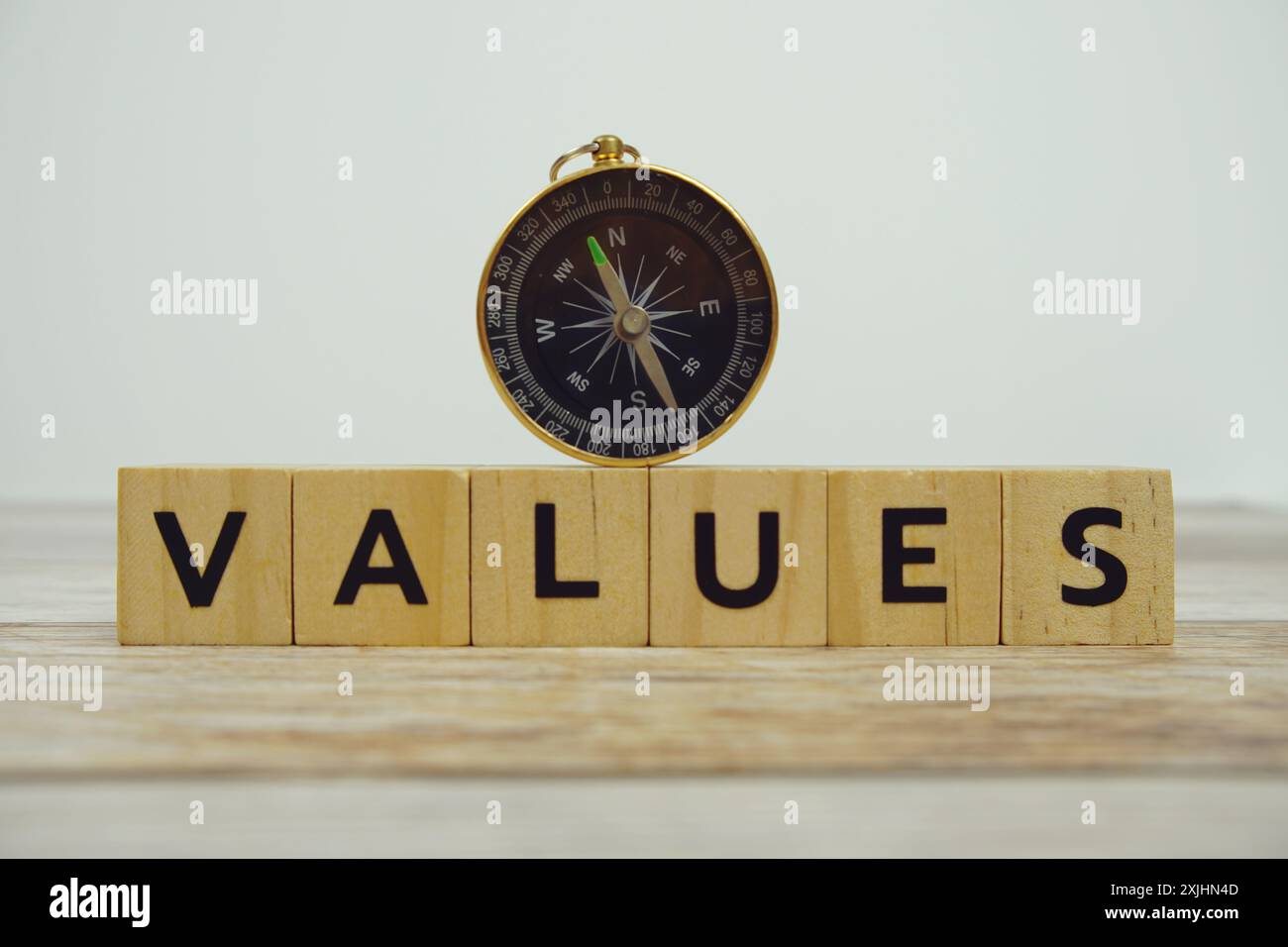 Compass with wooden blocks alphabet letters VALUES on wooden background ...