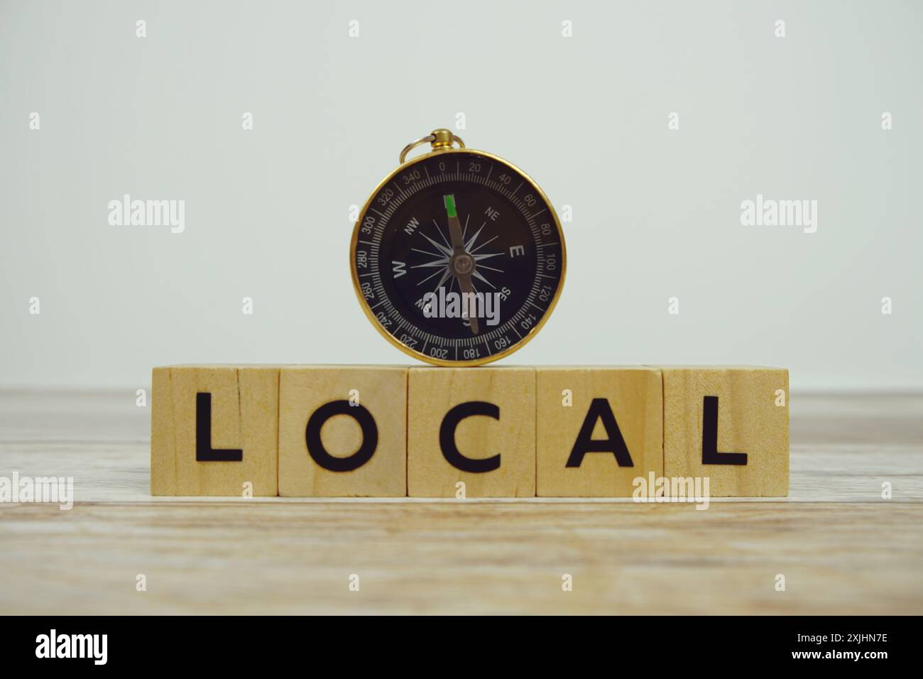 Compass with wooden blocks alphabet letters LOCAL on wooden background ...