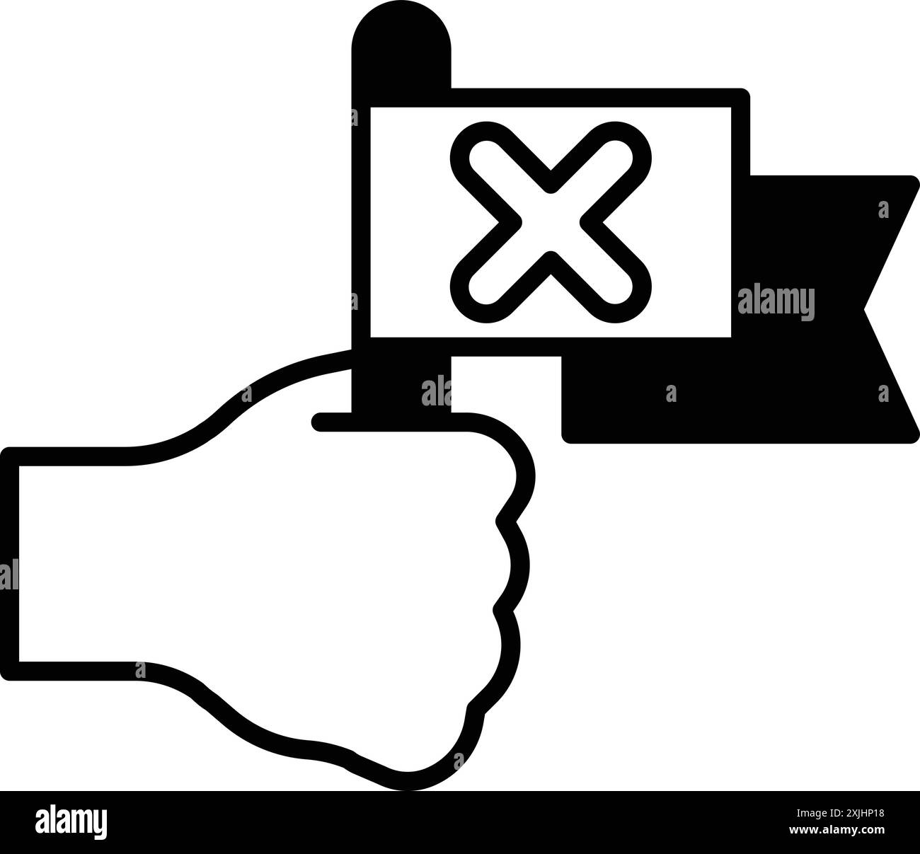 A hand holding a flag with an X on it. The flag is black and white. The ...
