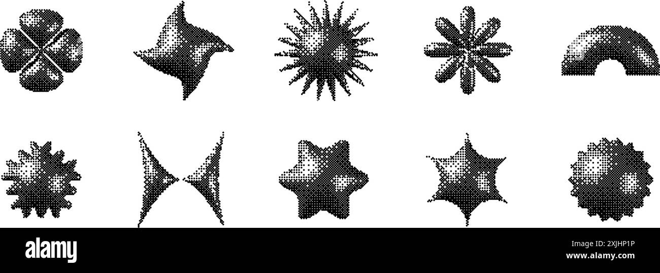 Pixelated 3d Y2K shape set. Bitmap stars, flowers, sparkles, arch ...