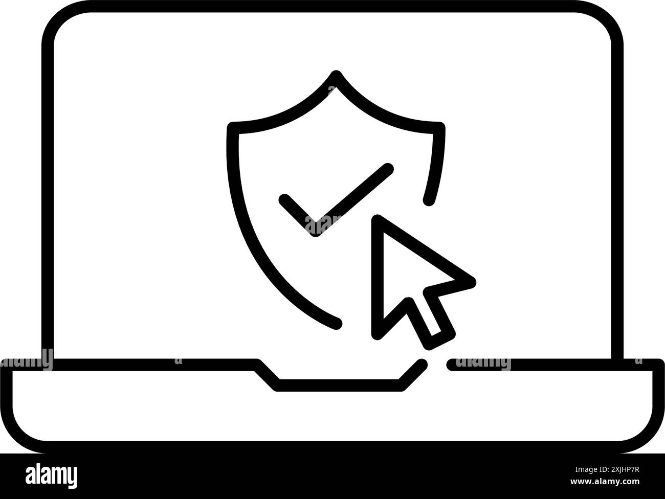 Laptop, shield, checkmark and mouse click. Protected device, verified ...