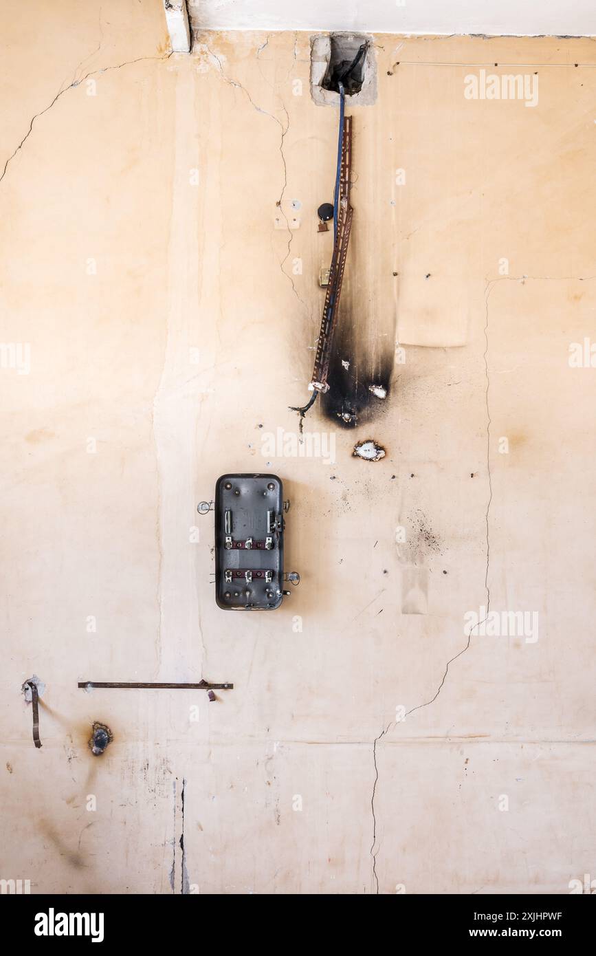 Old Grunge Broken Metal Electrical Box Hanging On Cracked Beige ...