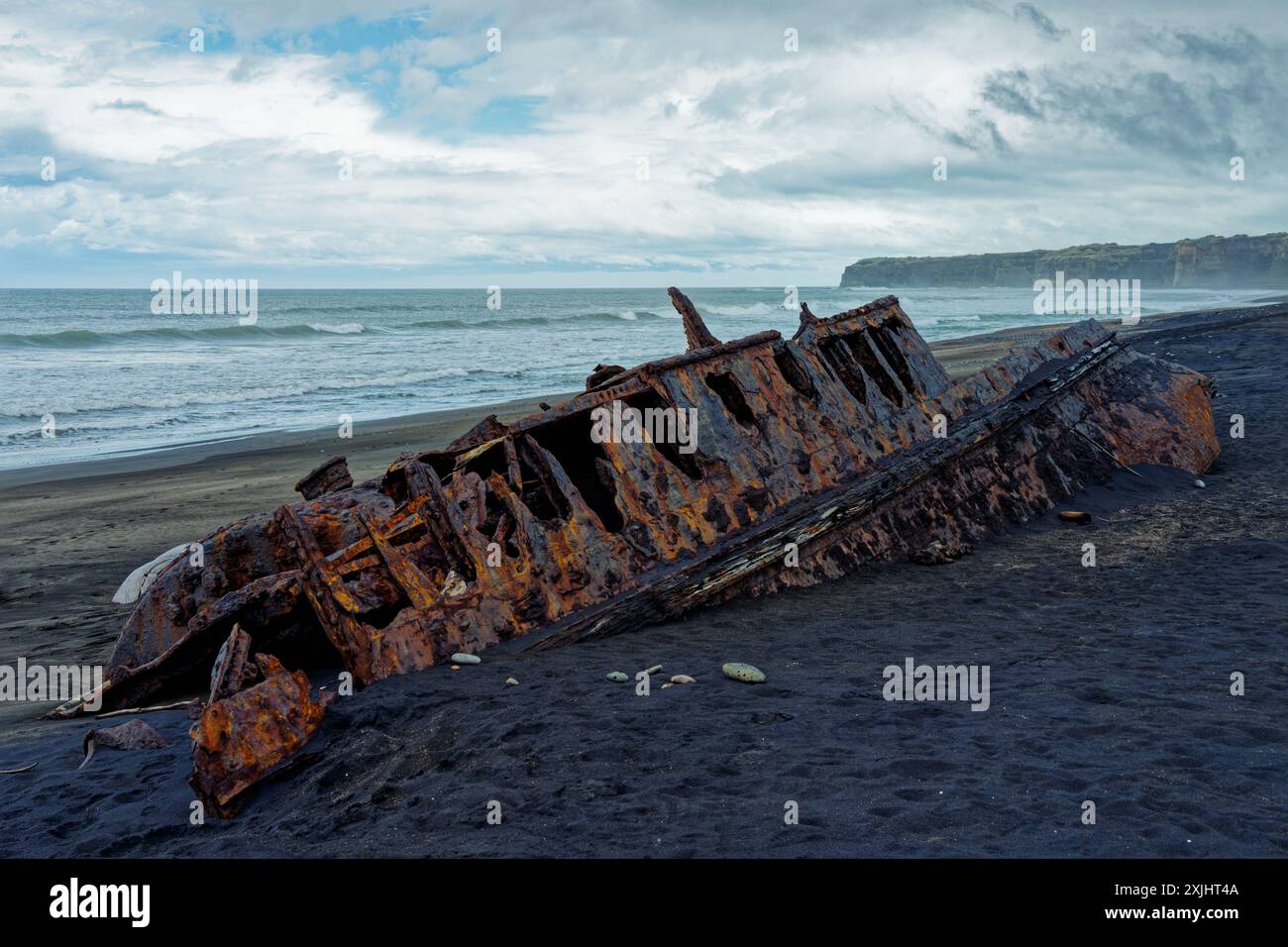 The shipwreck of the steamer SS Waitangi on Patea Beach, north island ...