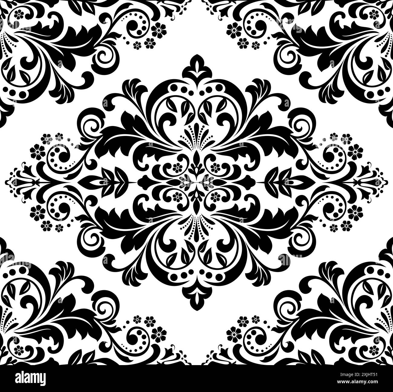 Damask seamless floral pattern. Royal wallpaper. Black flowers on a ...