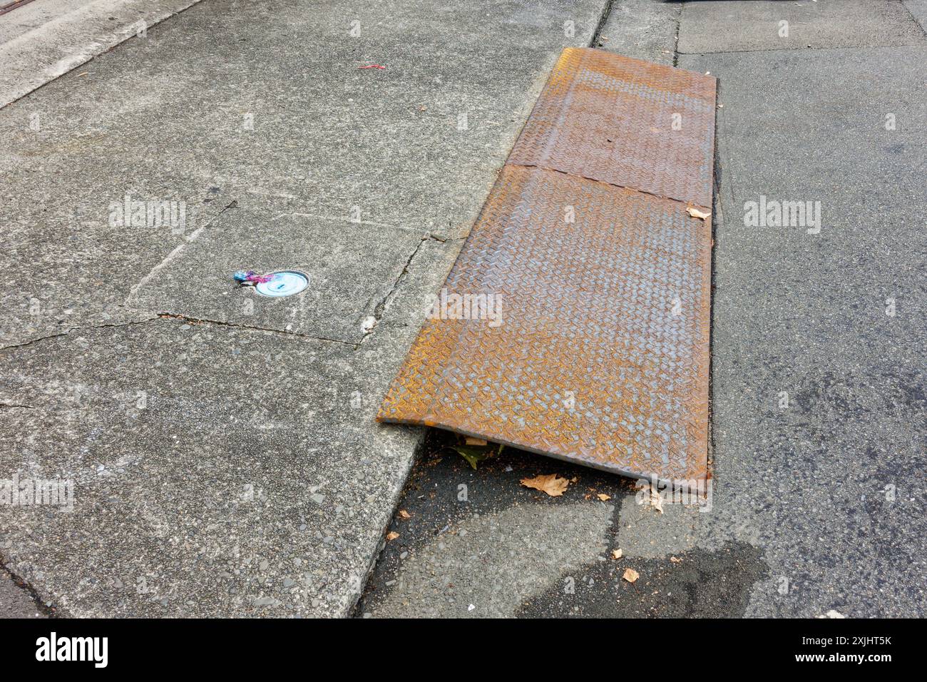 An iron crossover ramp bridging the gutter between a road and pavement ...