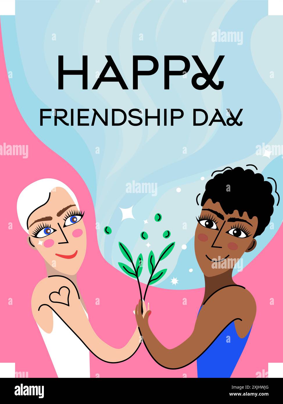 Friendship Day. Cartoon happy interracial friends holding hands Stock ...