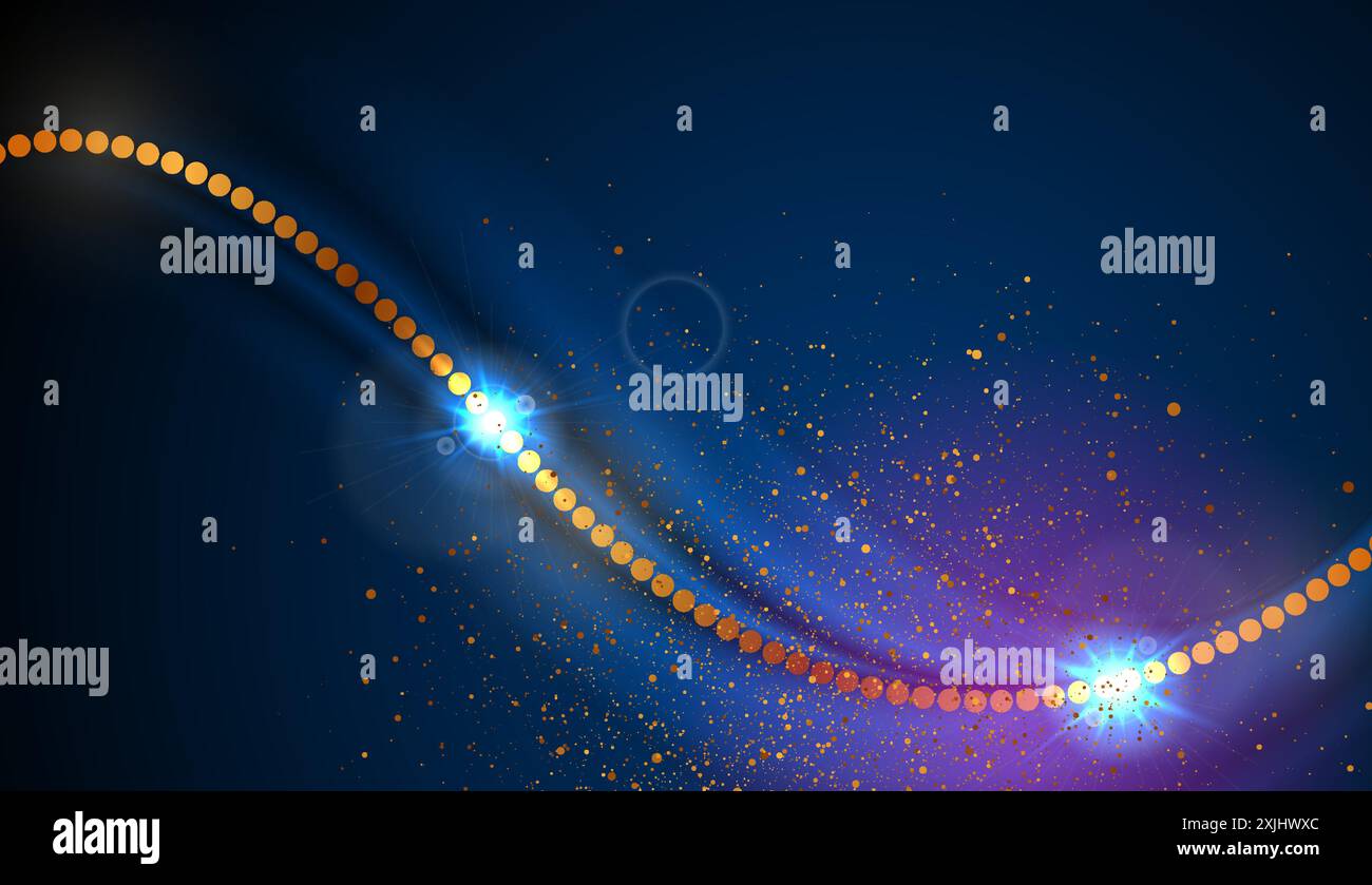 Blue ultraviolet shiny background with glowing golden dots and ...