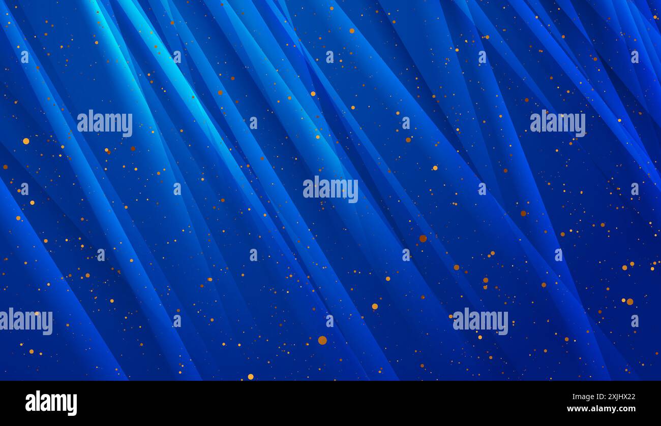 Deep blue glossy striped abstract background with golden particles ...