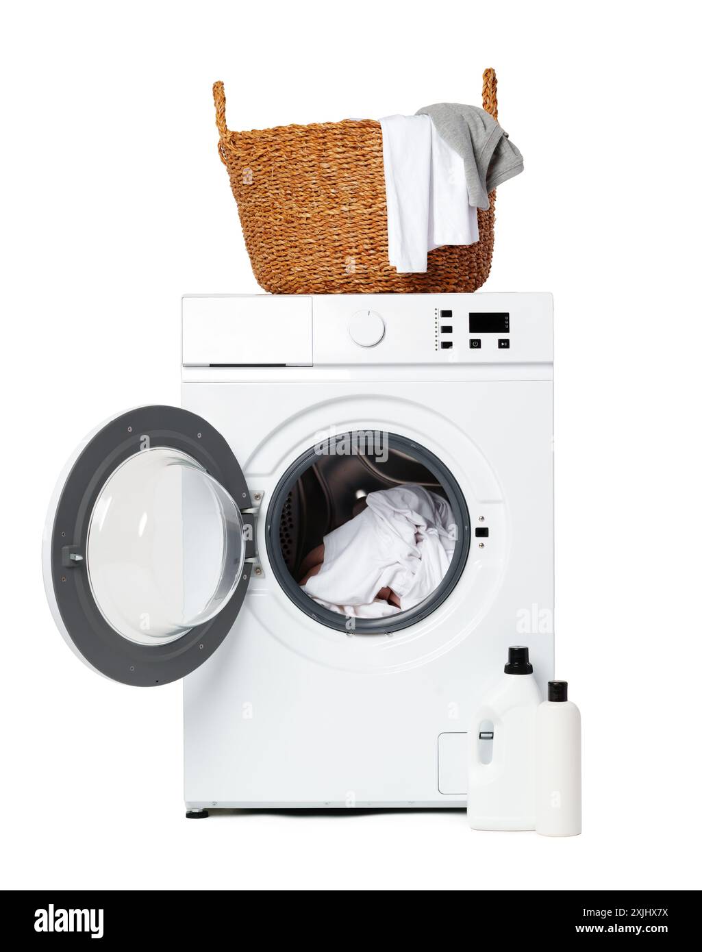 White Front Load Washing Machine With Clothes Inside and Laundry ...